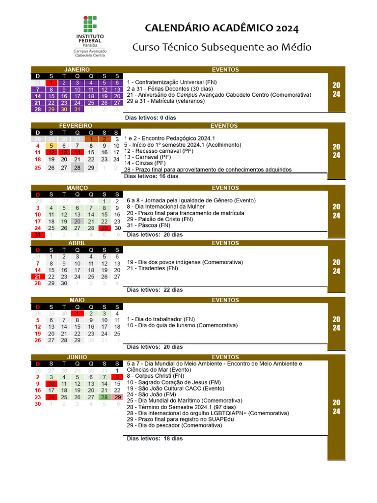 Proposta de Calendario Academico 2024 Curso Subsequente | PDF ...