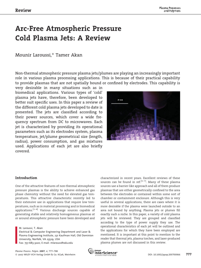 Arc-Free Atmospheric Pressure Cold Plasma Jets - A Review | PDF ...