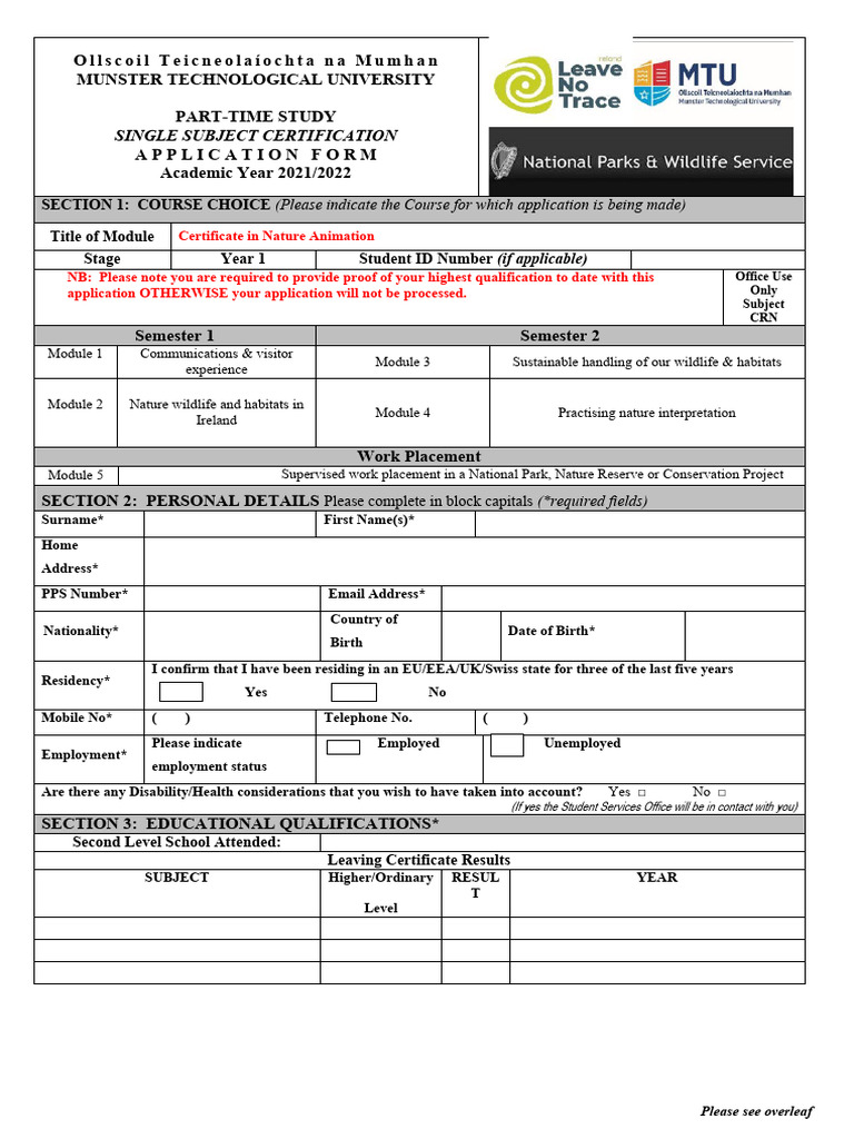 Certificate in Nature Animation Application Form | PDF