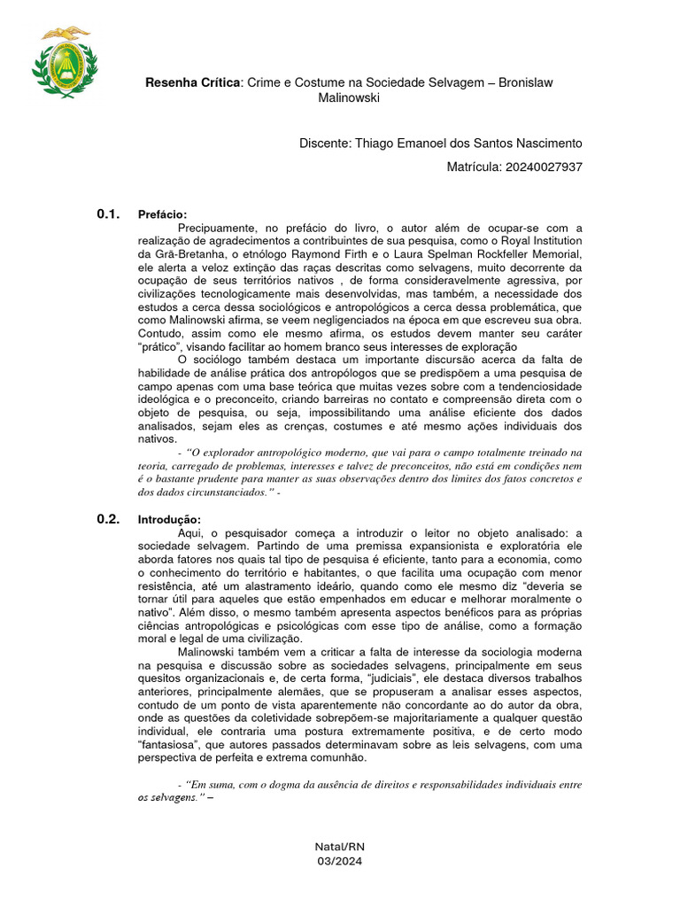 Resenha Crítica, Crime e Costume, Thiago Emanoel | PDF | Sociologia | Sociedade