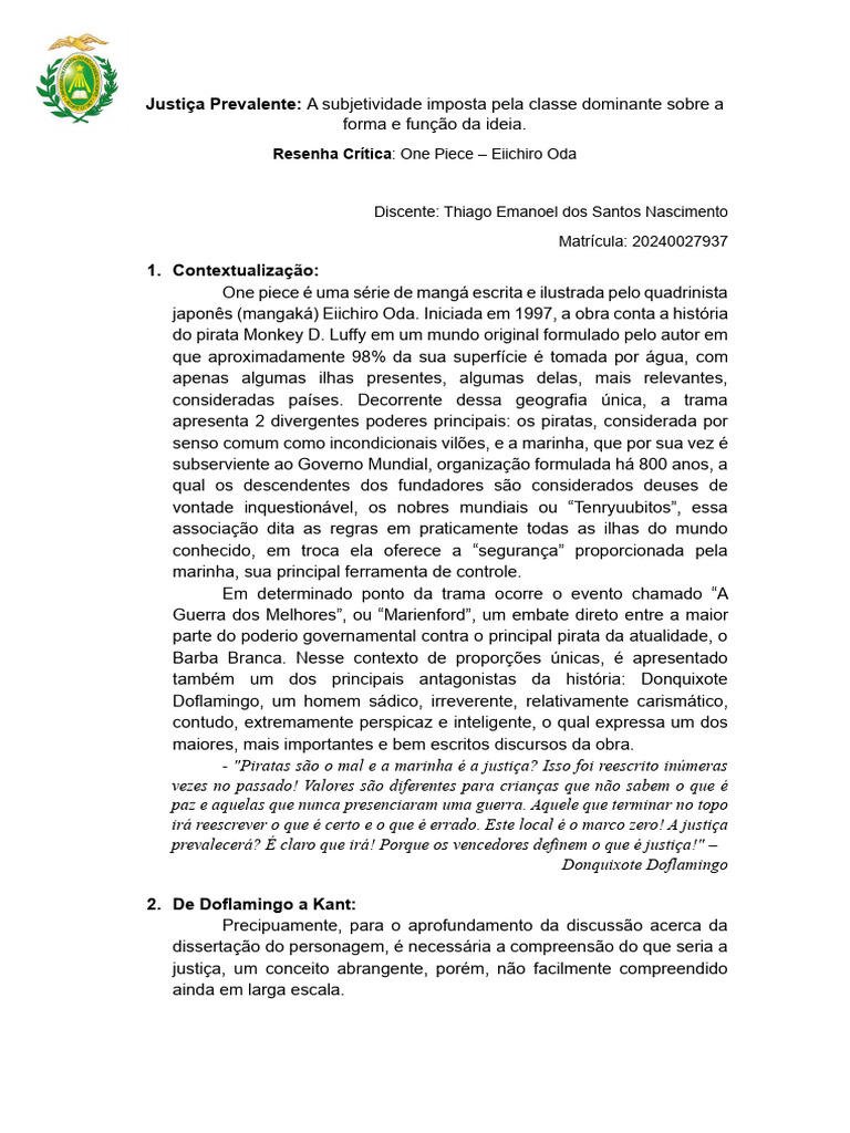 Resenha Crítica, One Piece, Thiago Emanoel | PDF | Karl Marx | Ideologias