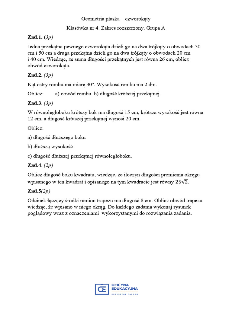 2021 4 Klasowka kl3 Geometria Plaska ZR ,. | PDF