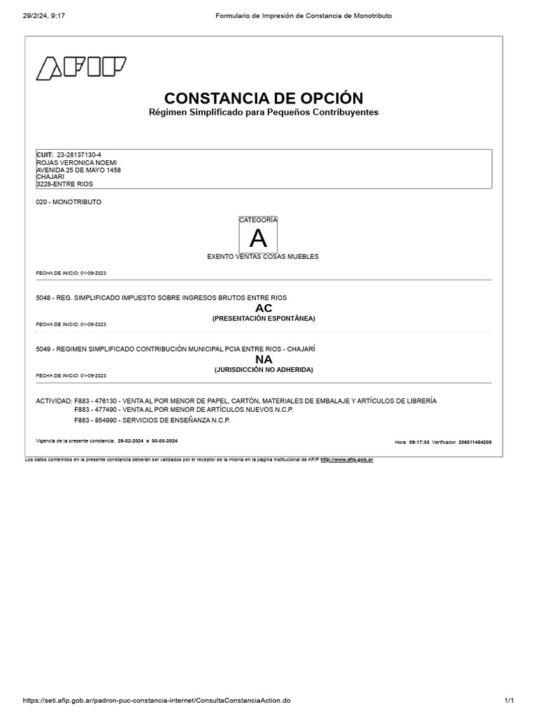 Constancia Afip - 1710636520 | PDF