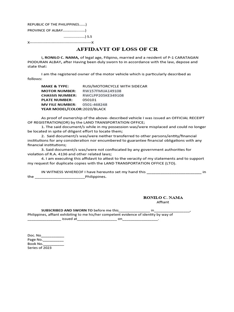 Affidavit of Loss of Cr-Abner Ilao | PDF
