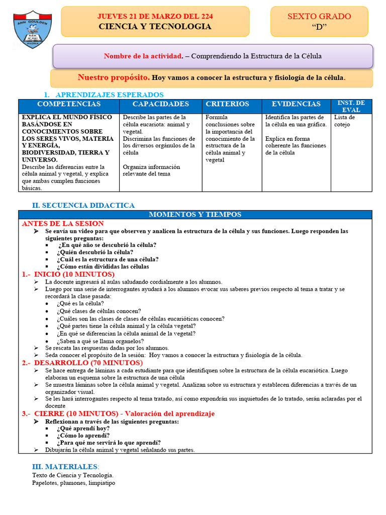 Estructura Celular para Sexto Grado | PDF | Biología Celular) | Cognición