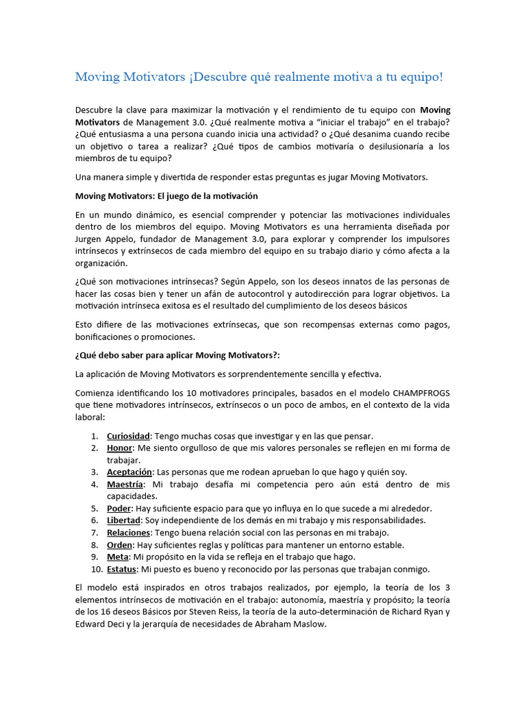 Moving Motivators | PDF | Motivación | Motivacional