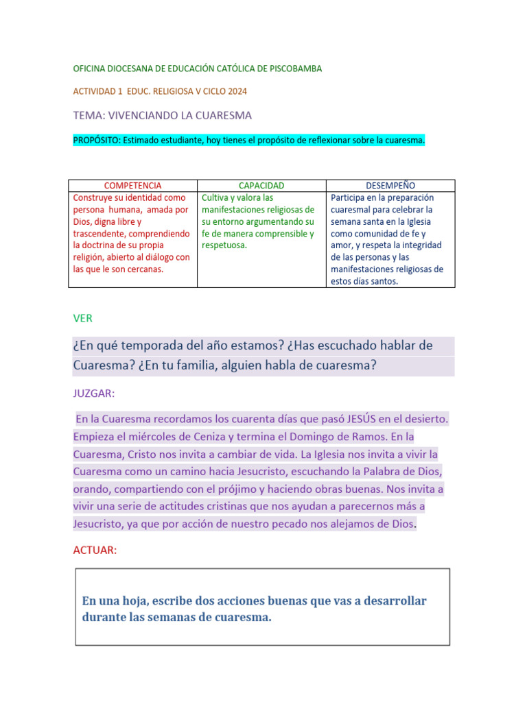 Actividad 1 Educ. Religiosa V Ciclo 2024 | PDF | Prestado | Creencia religiosa y doctrina