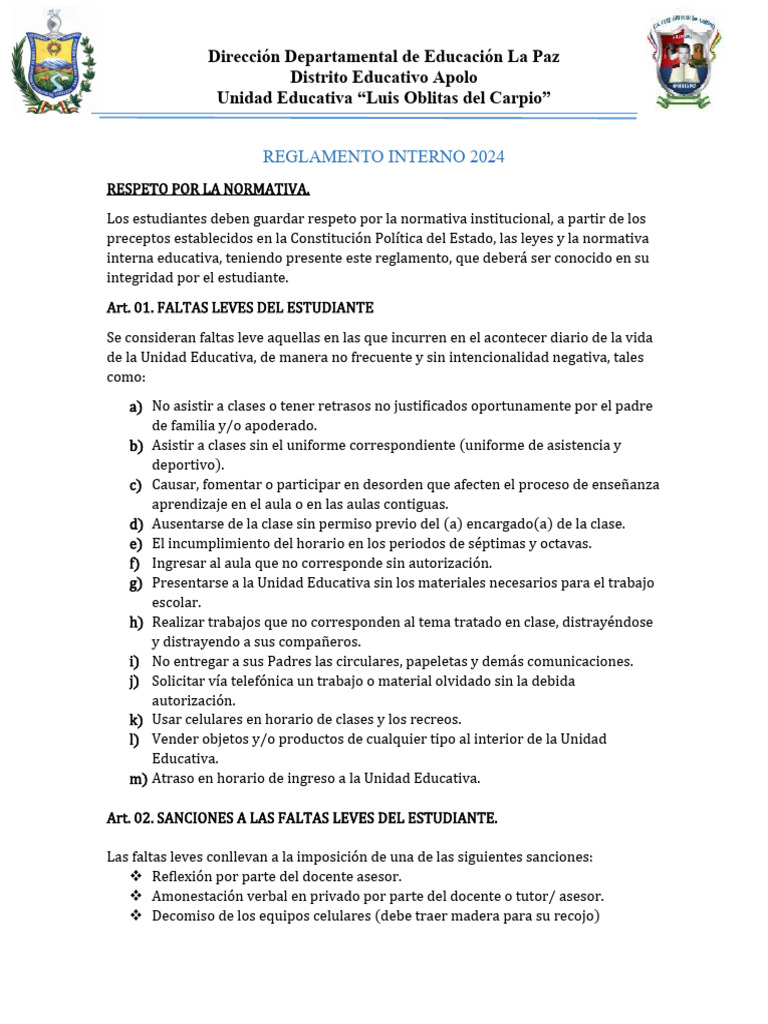 REGLAMENTO INTERNO 2024 | PDF | Regulación