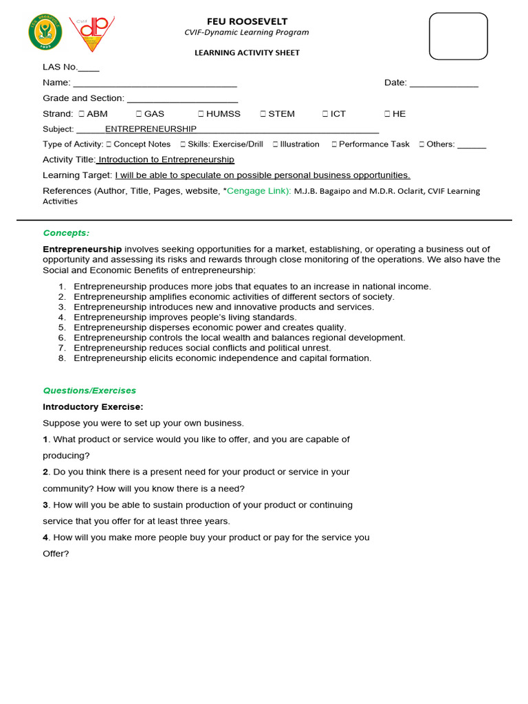 Intro to Entrepreneurship Activity | PDF