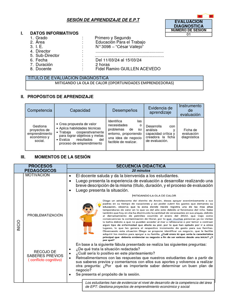 Modelo de Sesión de Aprendizaje - Evaluacion Diagnostica 1 1 | PDF | Evaluación | Maestros