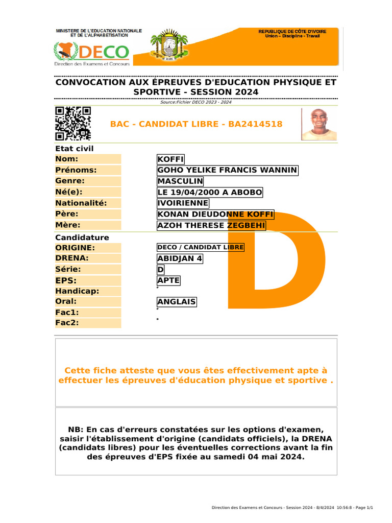 Convocation Bac 2024 Candidat Libre | PDF