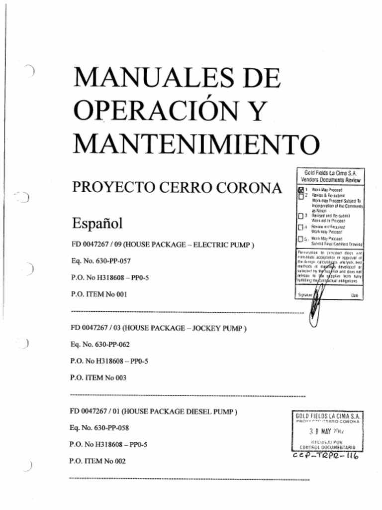 Manuales de Operacion y Mantenimiento - Bombas y Motores ACI | PDF