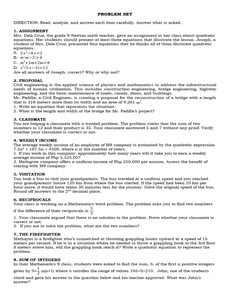 Mathematics 9 Problem - Set | PDF | Mathematics | Quadratic Equation Mathematics 9 Problem - Set | PDF | Mathematics | Quadratic Equation