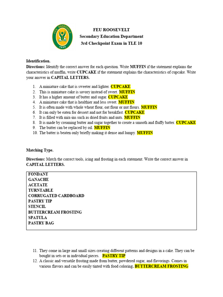 TLE10 3rd Quarter Written Exam | PDF | Cakes | Icing (Food)