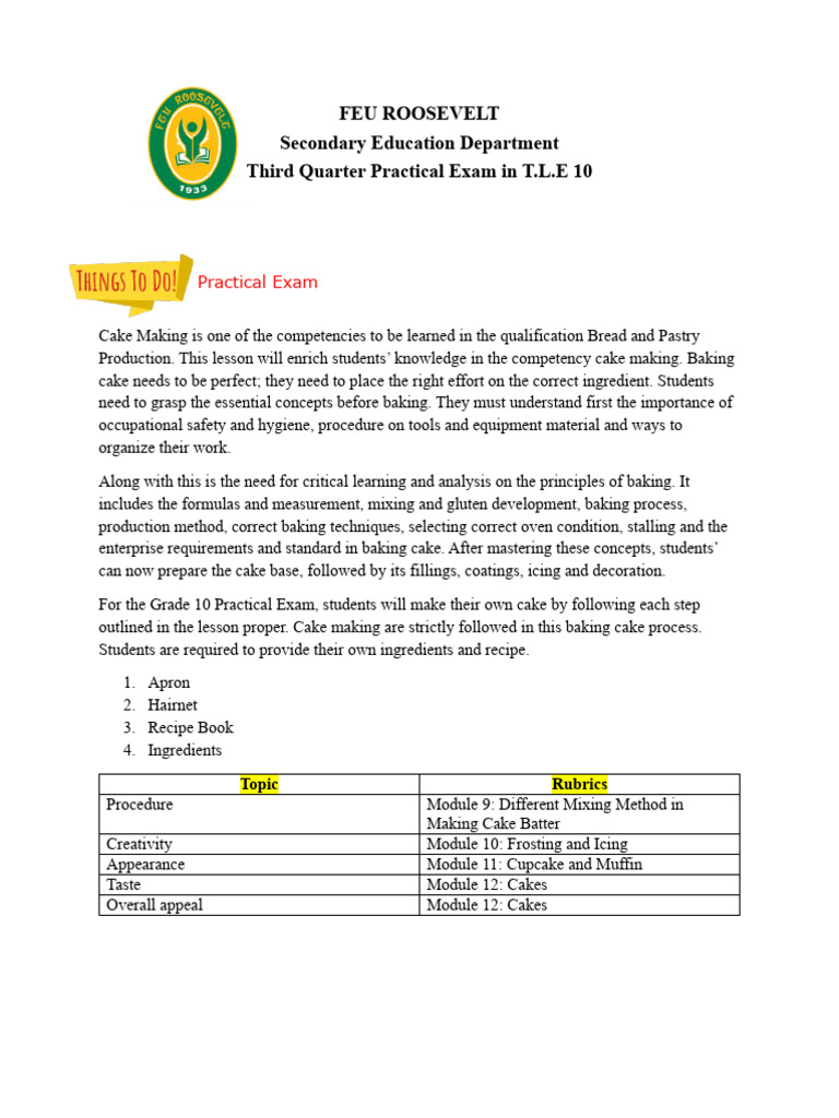TLE10 Practical Exam 3rd Quarter | PDF | Cakes | Baking