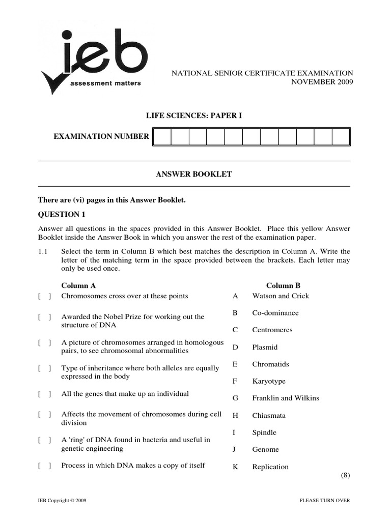 Life Sciences Paper I Answer Booklet (2009) | PDF | Zygosity ...