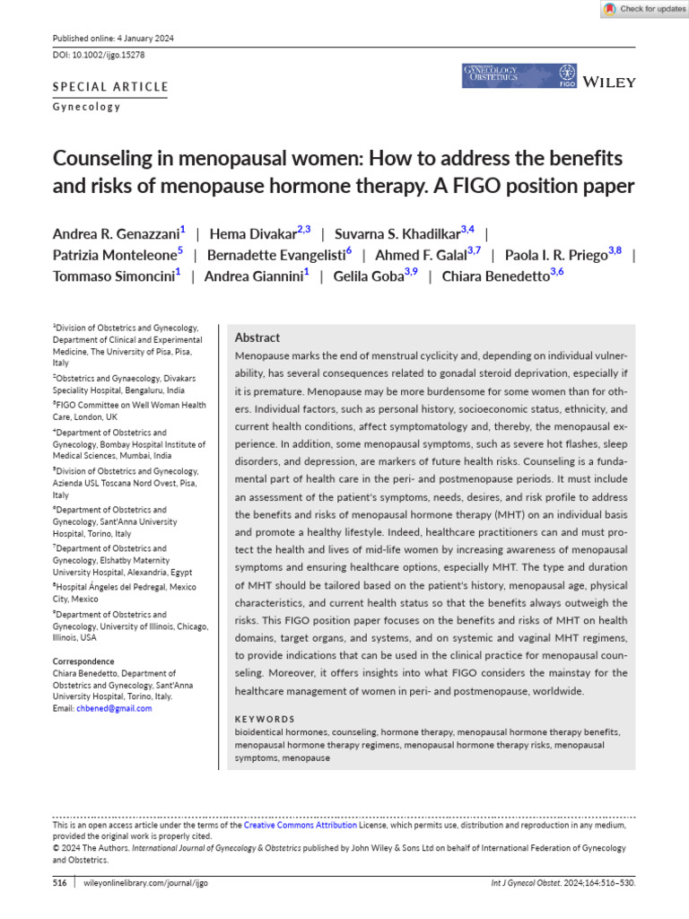 Counseling in Menopausal Women How to Address the Benefits and Risks of ...