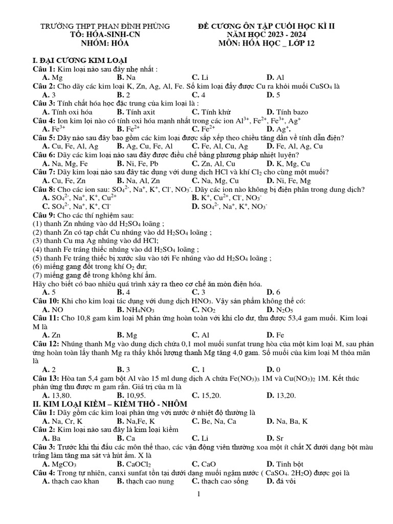 Hóa 12 - Đề cương HK2 - 2023 - 2024 | PDF