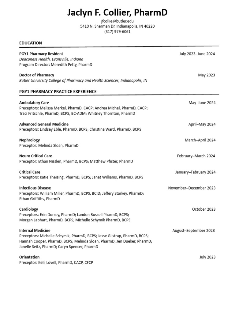 Pharmacy Residency Overview: Jaclyn Collier | PDF | Pharmacy | Medical ...