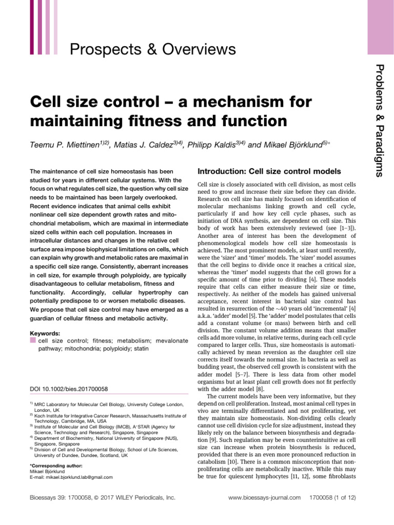 Cell size control – a mechanism for maintaining fitness and function ...