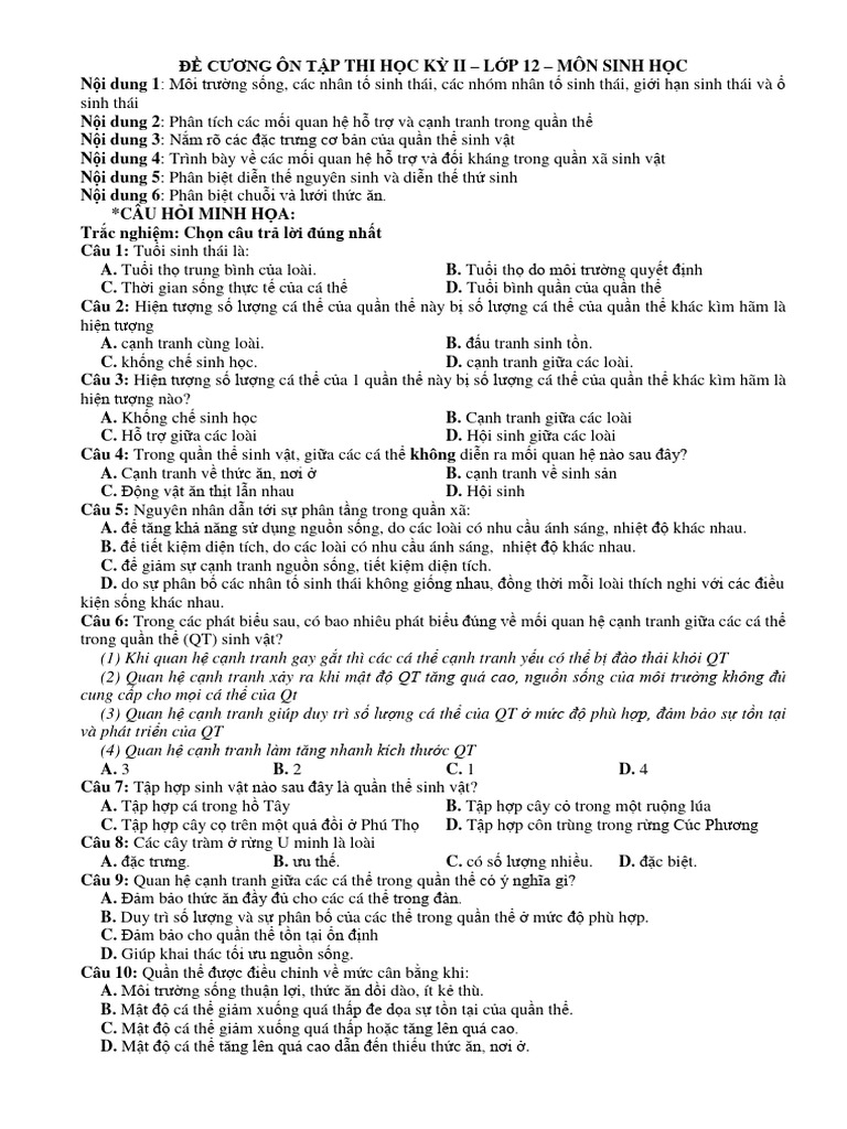 Sinh học 12_ Đề cương HK2_ 2023 - 2024 | PDF