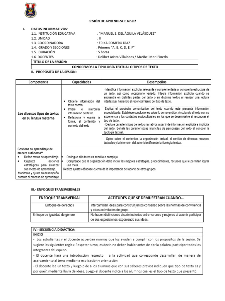sesión de aprendizaje N°1... tipología textual | PDF | Aprendizaje | Evaluación