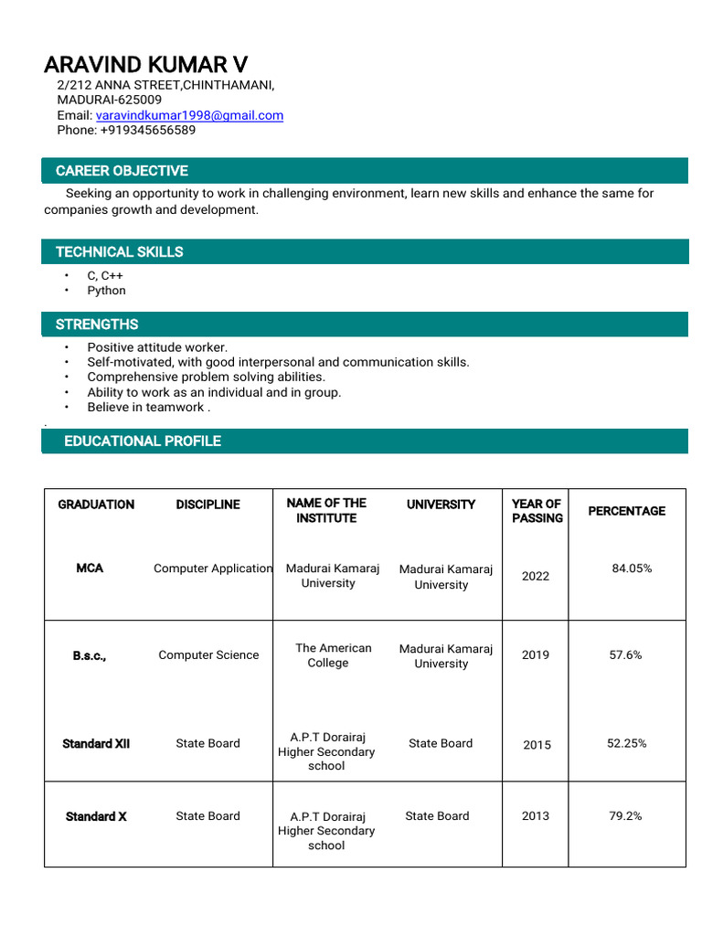 Aravind Kumar V: Resume Overview | PDF