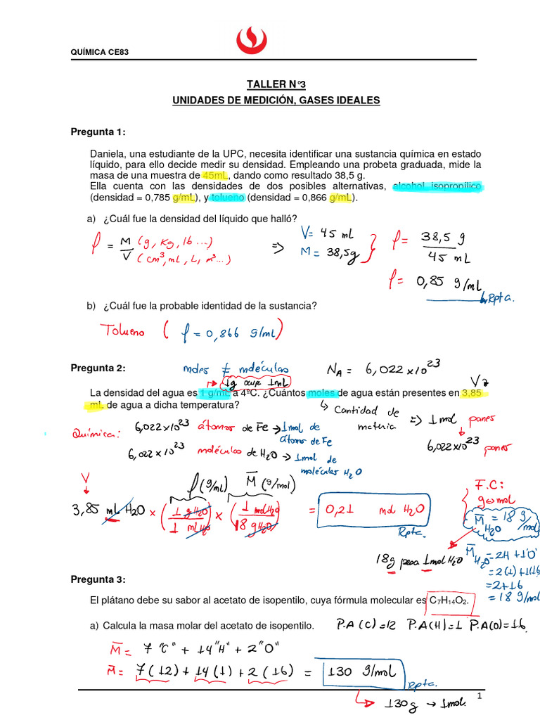 Ce83 Taller 3 Química Resuelto | PDF | Densidad | Temperatura