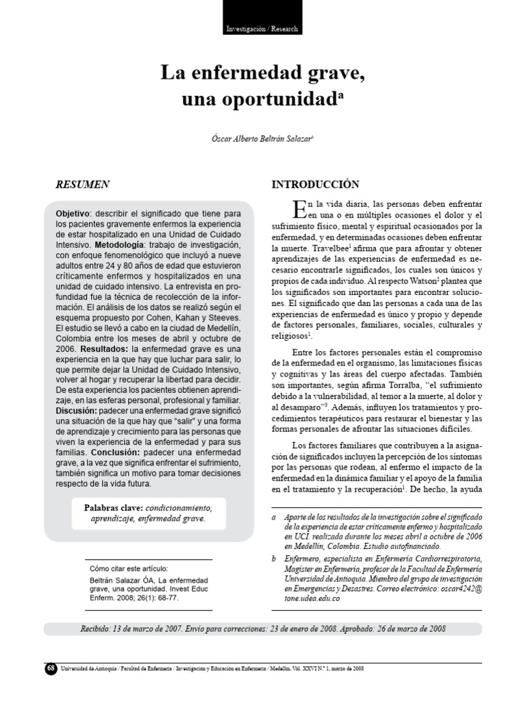Significado de la enfermedad grave en UCI | PDF | Experiencia | Enfermería