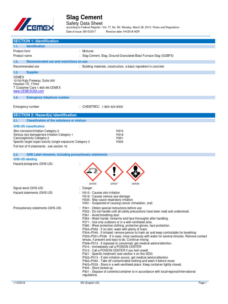 Sds Slag Cementconcrete | PDF | Safety | Occupational Safety And Health