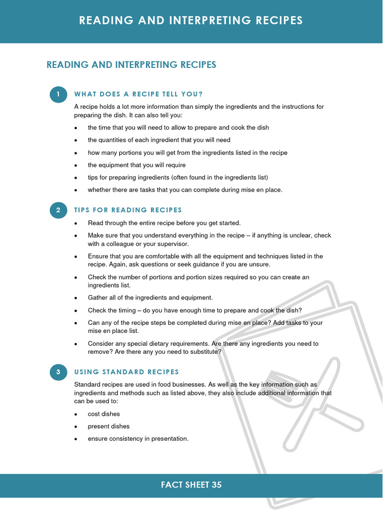 Fact Sheet 9 - Reading and Interpreting Recipes Student.v1.0 | PDF