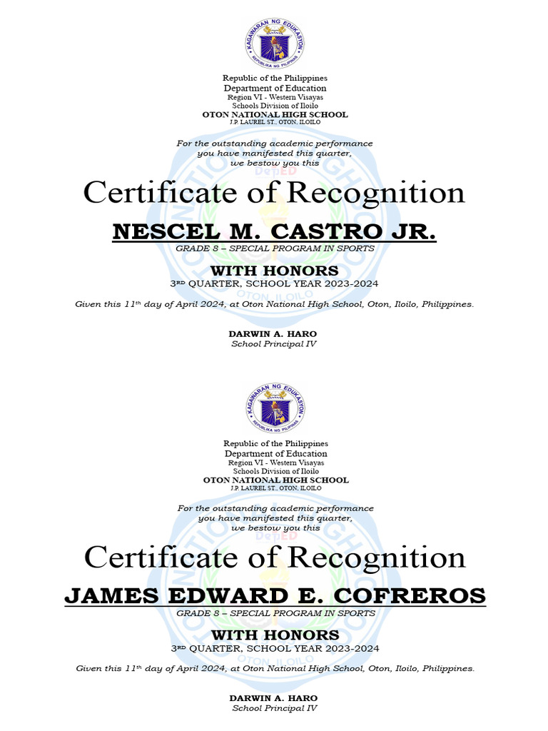 8 SPS Certificate-OF-Recognition- | PDF | Philippines