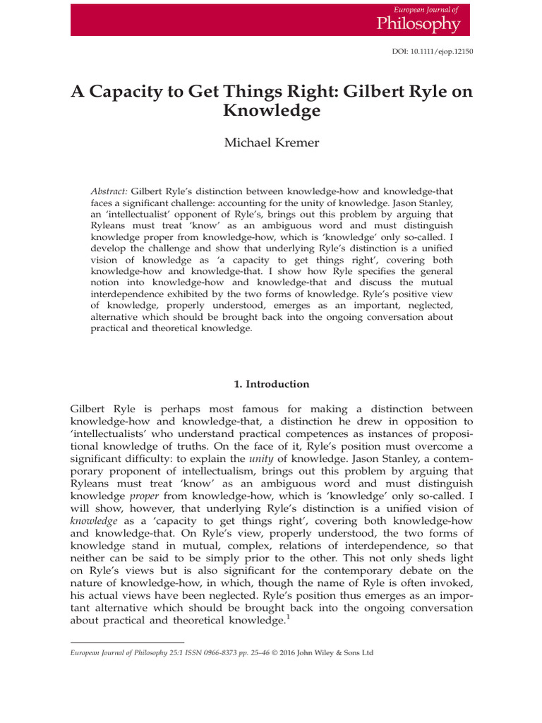 A Capacity To Get Things Right - Gilbert Ryle On Knowledge | PDF ...