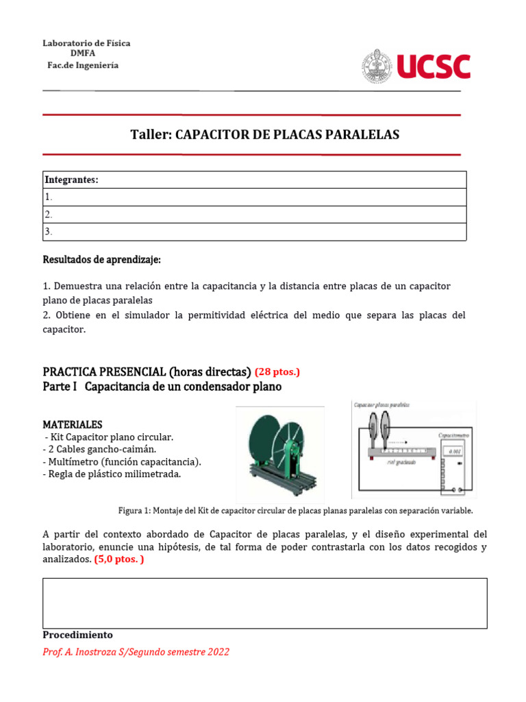 Taller 3 Capacitor Placas Paralelas 09abril2024 | PDF | Condensador | Capacidad