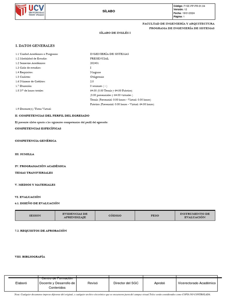 Silabo - INGLÉS I | PDF