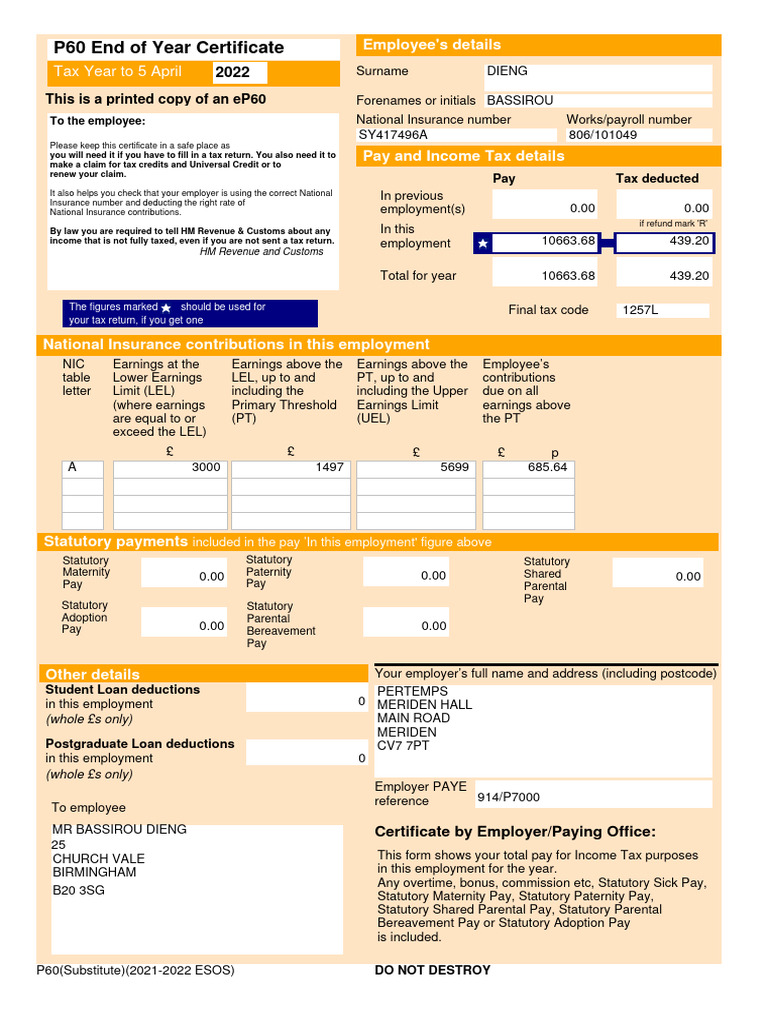 P60 For Year 2021/22 | PDF | Economies | Taxation