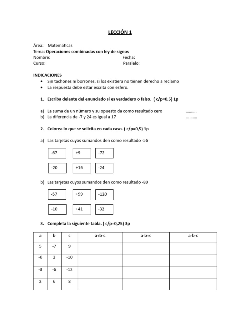 LECCION OPERACIONES COMBINADAS CON LEY DE SIGNOS | PDF