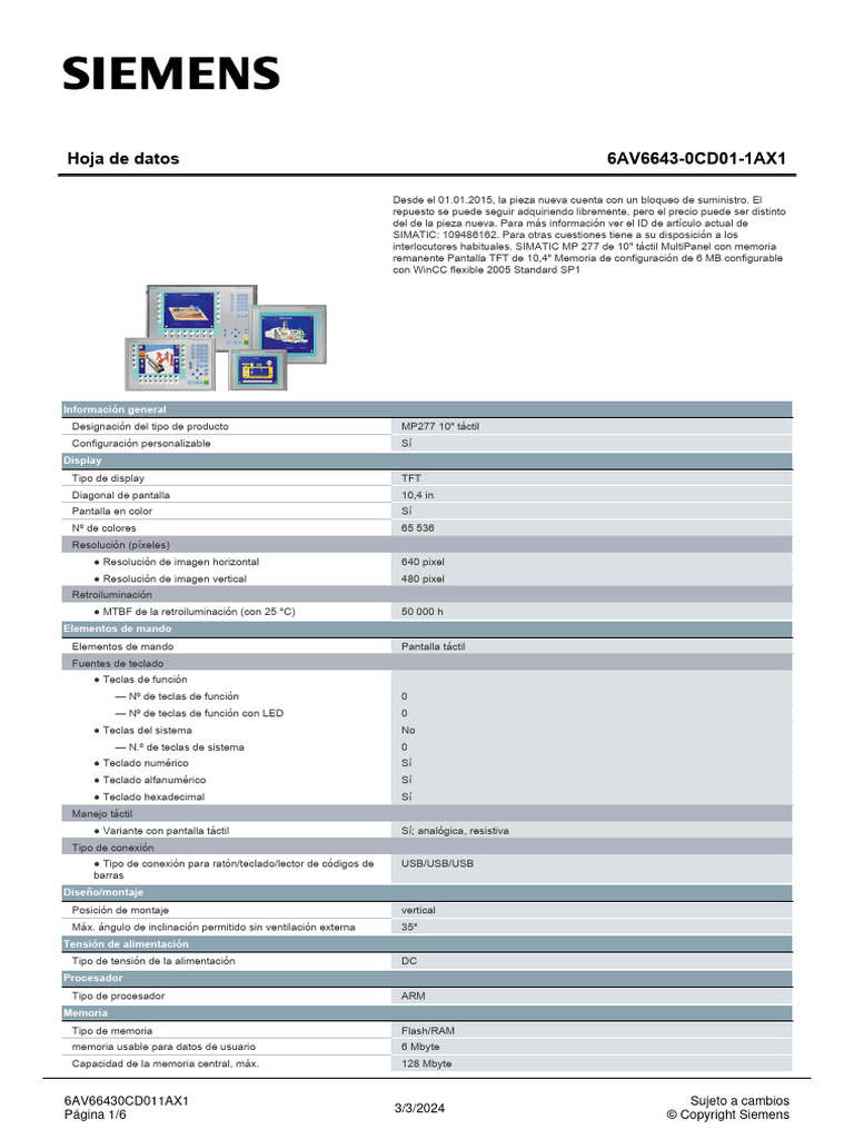 6AV66430CD011AX1 Datasheet Es | PDF | Pantalla táctil | Teclado