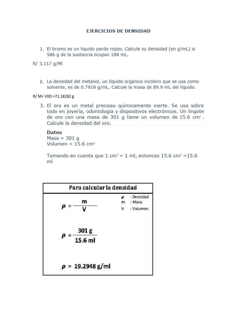 Ejercicios de Densidad | Descargar gratis PDF | Celsius | Química Física
