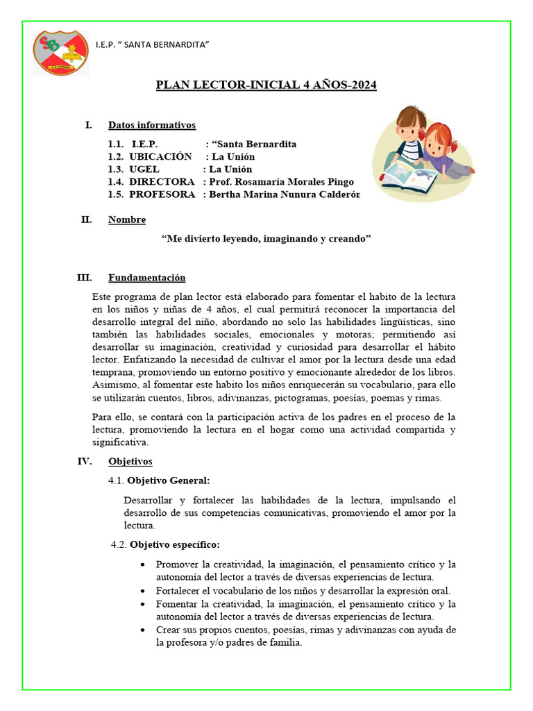 Plan Lector 4 Años Santa Bernardita Pdf Imaginación Comunicación