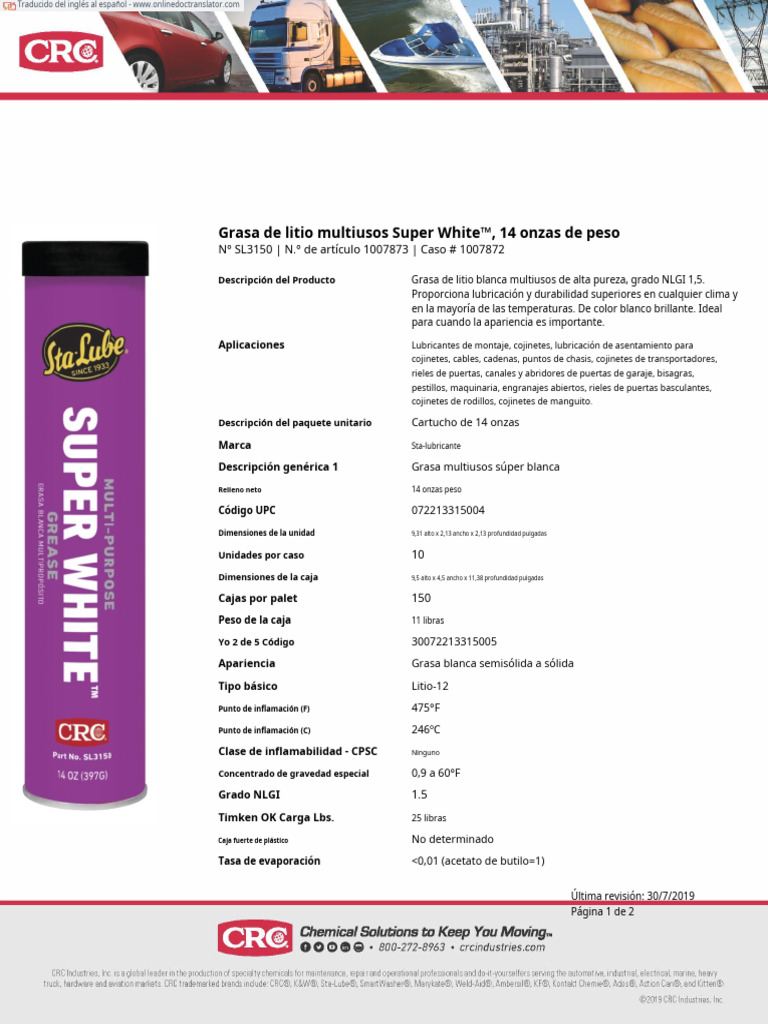 Sta Lube Super White Grease Pds 1 En Es Pdf Rodamiento Mecánico Fricción