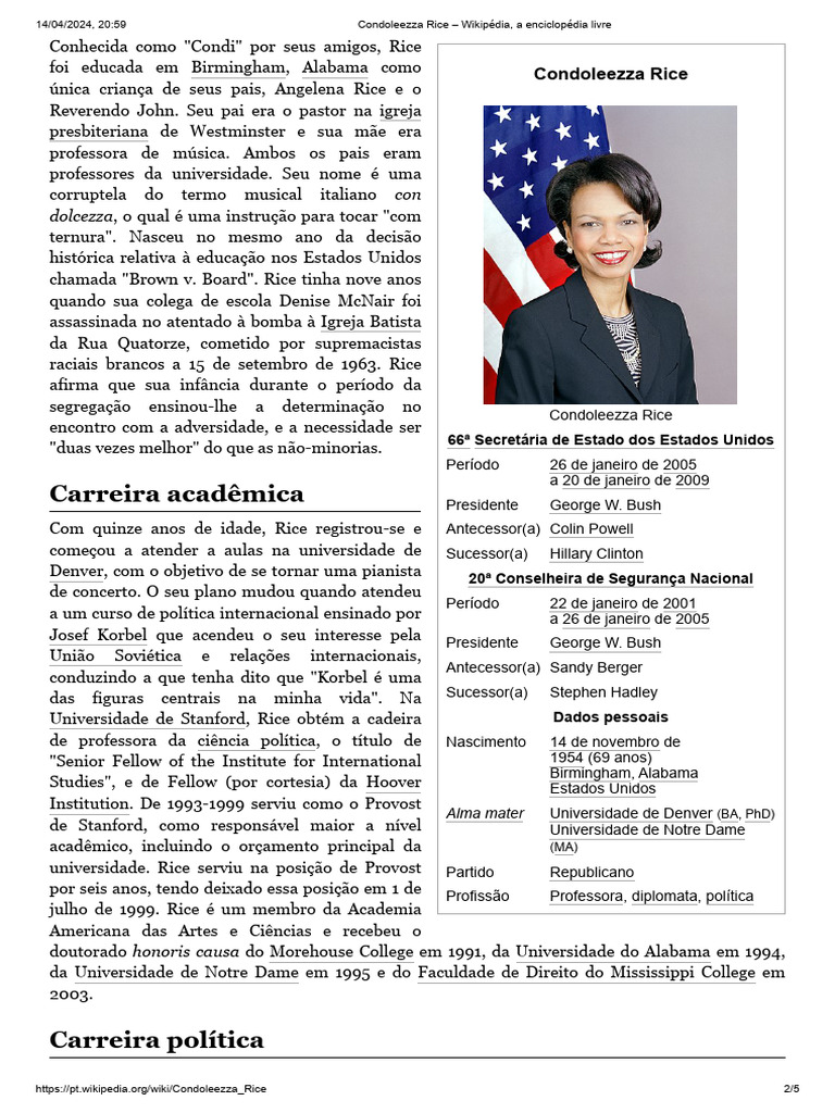Condoleezza Rice - Wikipédia, A Enciclopédia Livre | PDF | Condoleezza Rice
