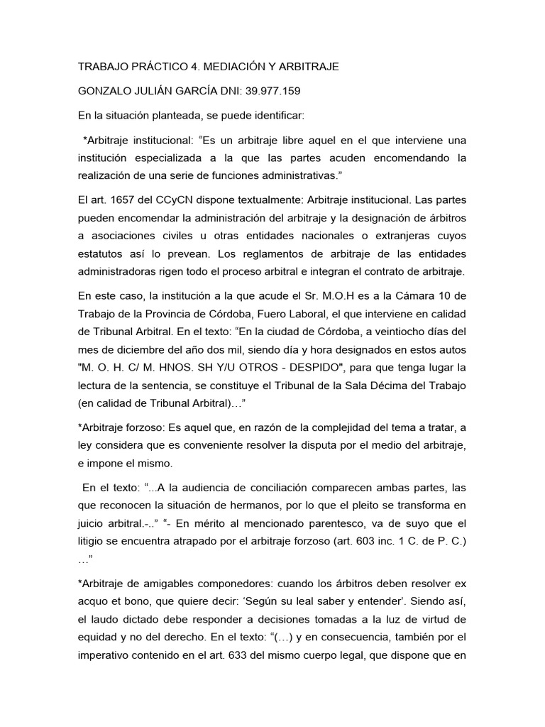 TRABAJO PRACTICO N 4 MEDIACION Y ARBITRAJE GONZALO JULIAN GARCIA | PDF | Arbitraje | Caso de ley