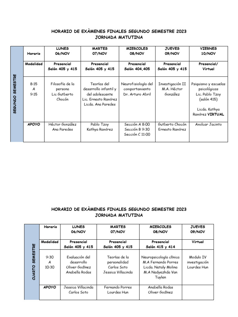 2023 Calendario Exa. Final Segundo Semestre Mat | PDF | Conceptos psicologicos | Educación en ...