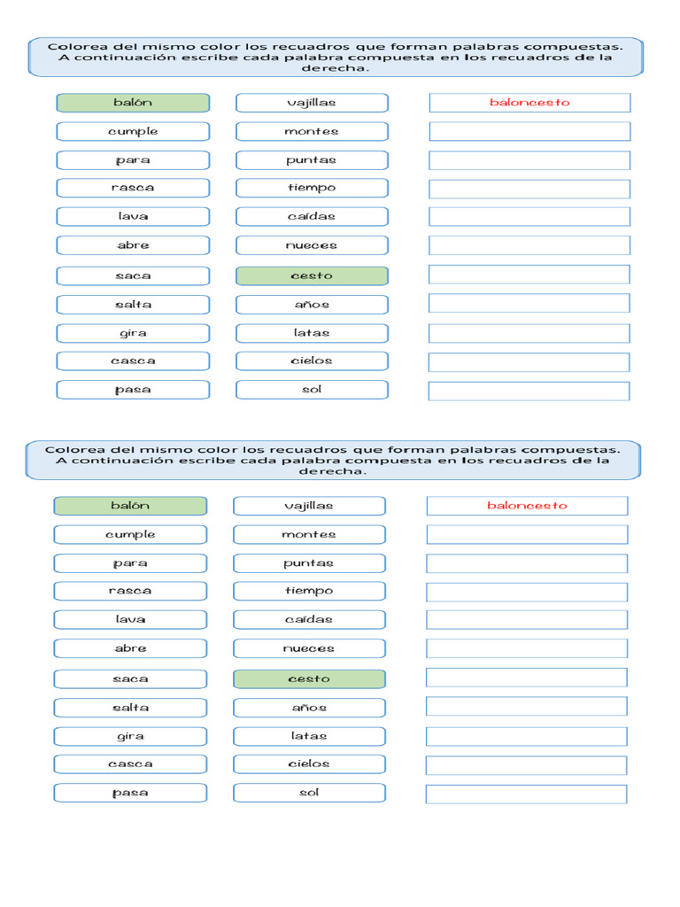 Hoja de Palabras Compuestas | PDF