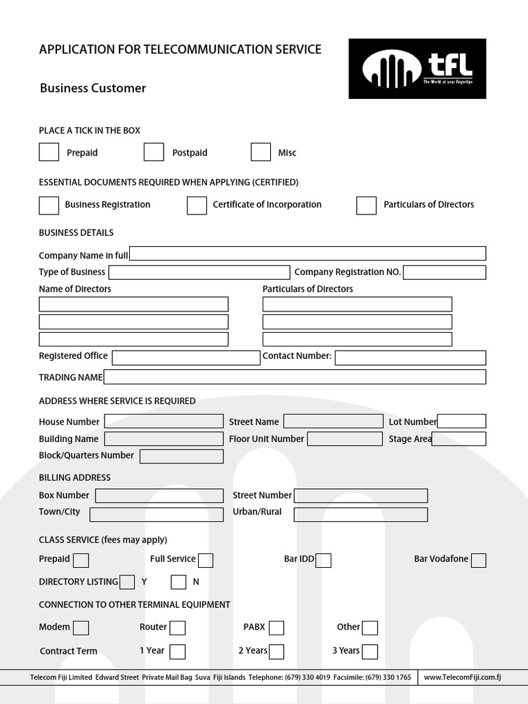 TFL Business Application Form | PDF | Telephone | Fax