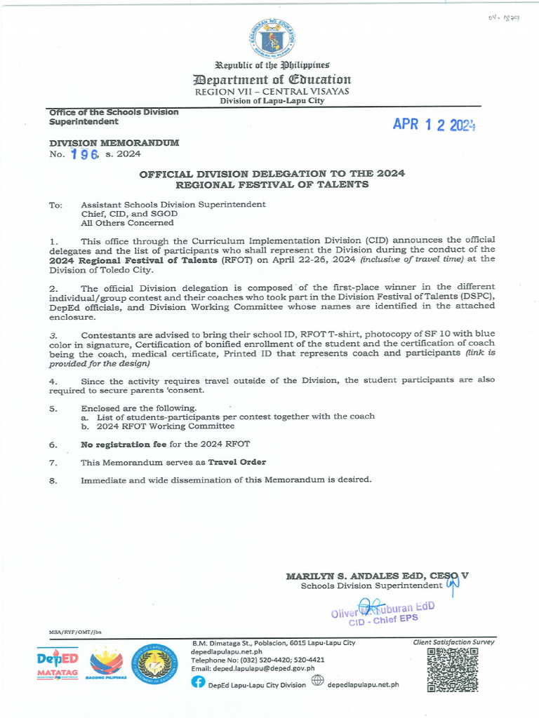 DM No. 196, s. 2024 - Official Division Delegation to the 2024 Regional Festival of Talents | PDF