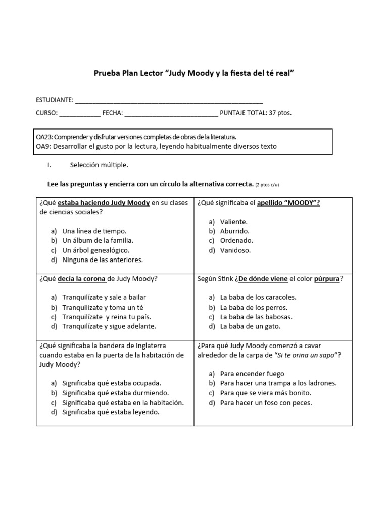Prueba de lectura: Judy Moody y el té real | PDF