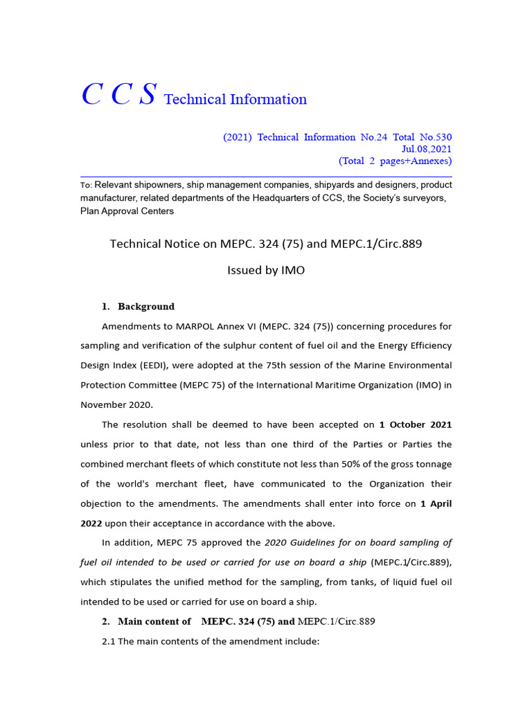 Technical Notice On MEPC. 324 (75) and MEPC.1-Circ.889 Issued by IMO ...