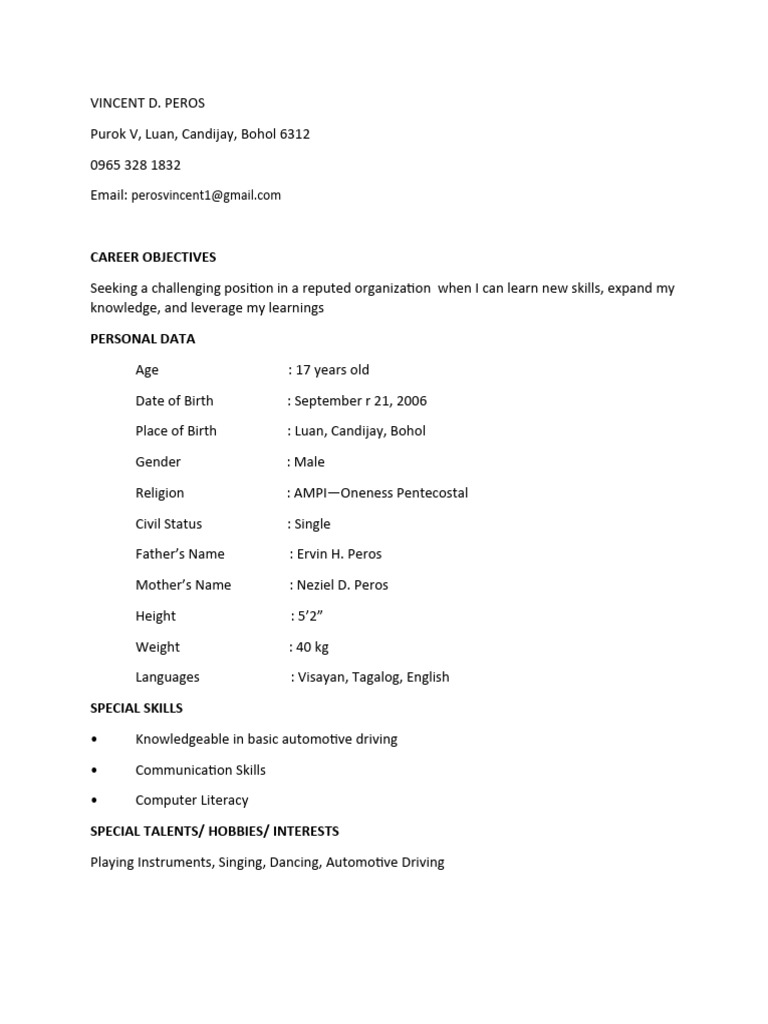 Vincent Peros Resume Overview | PDF | Career & Growth